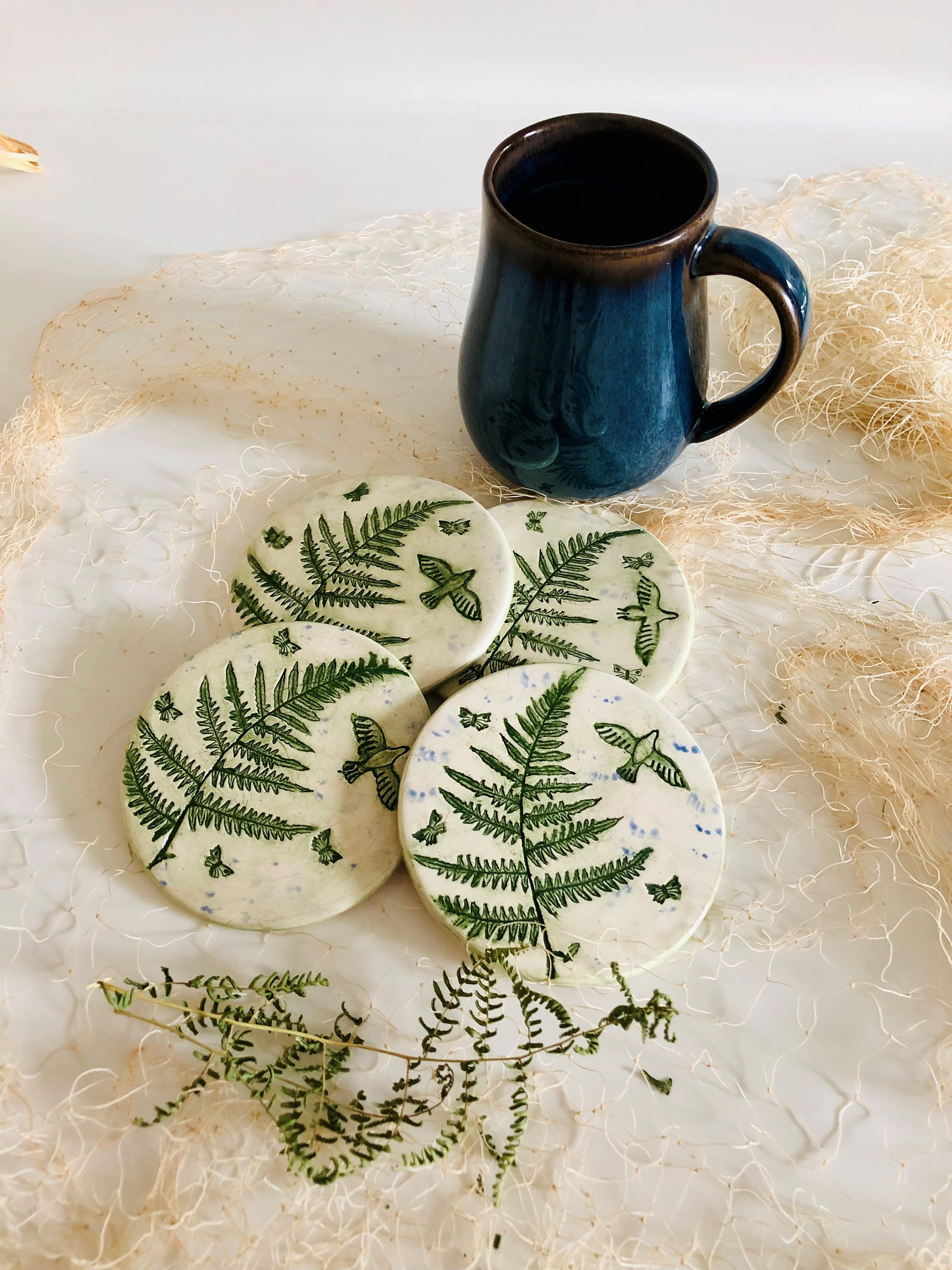 Fern Leaf Ceramic Coasters, Set of 4, Handmade Nature Coasters - Etsy