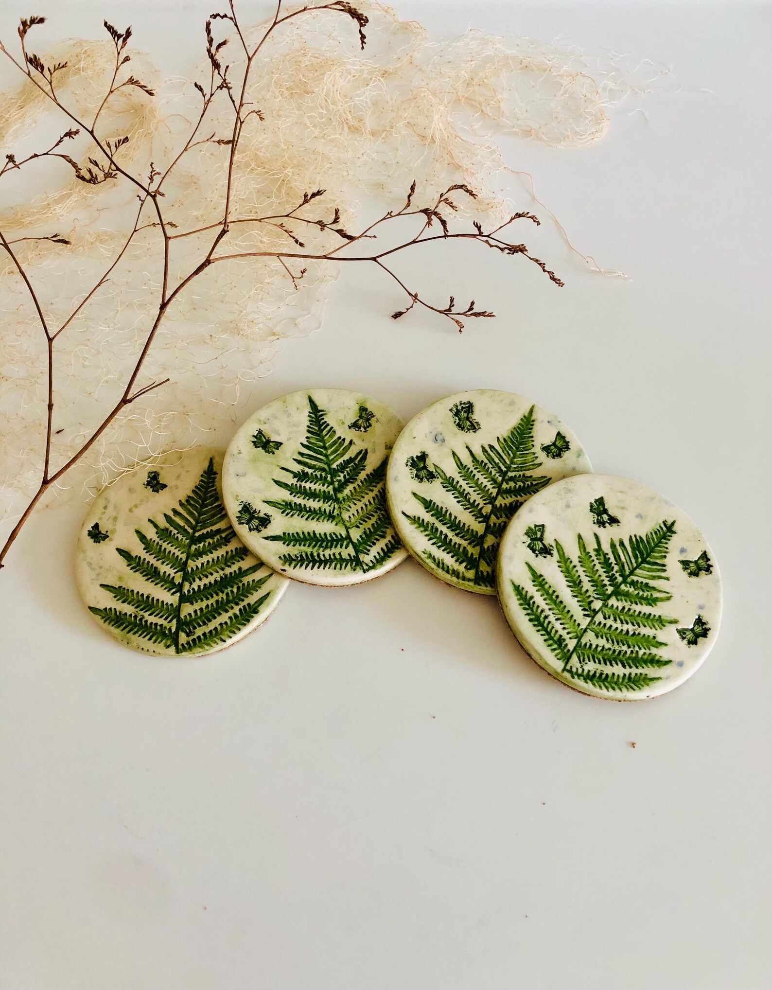 Handmade Ceramic Fern Coasters, Botanical Decor, Set of 4 - Etsy