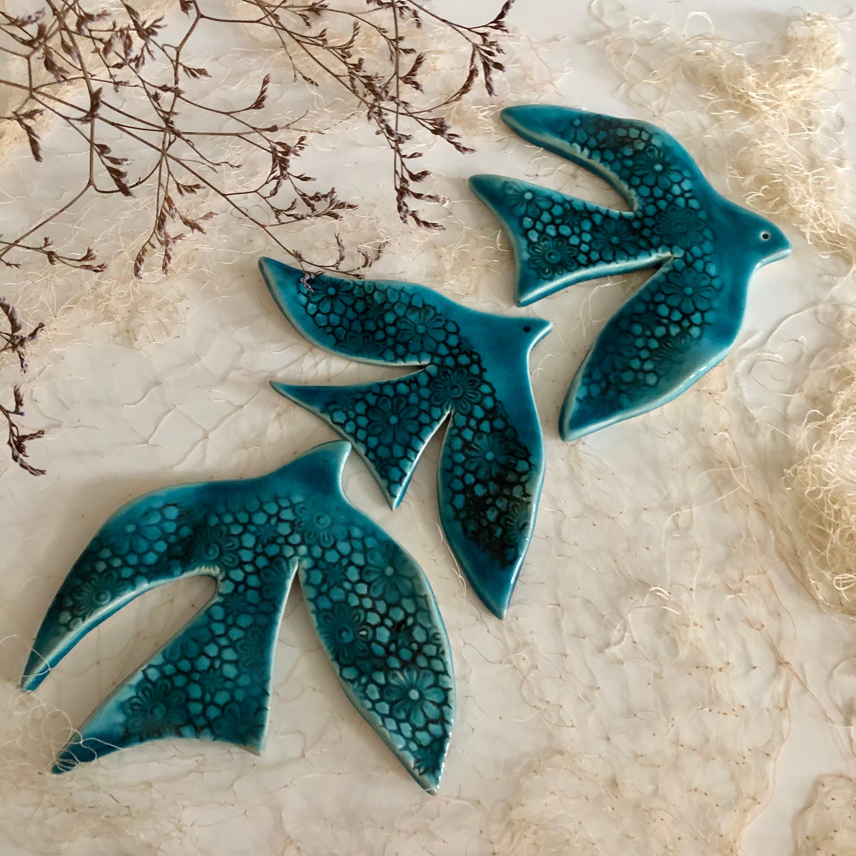 Turquoise Pottery Bird Wall Decor With Texture Flying - Etsy