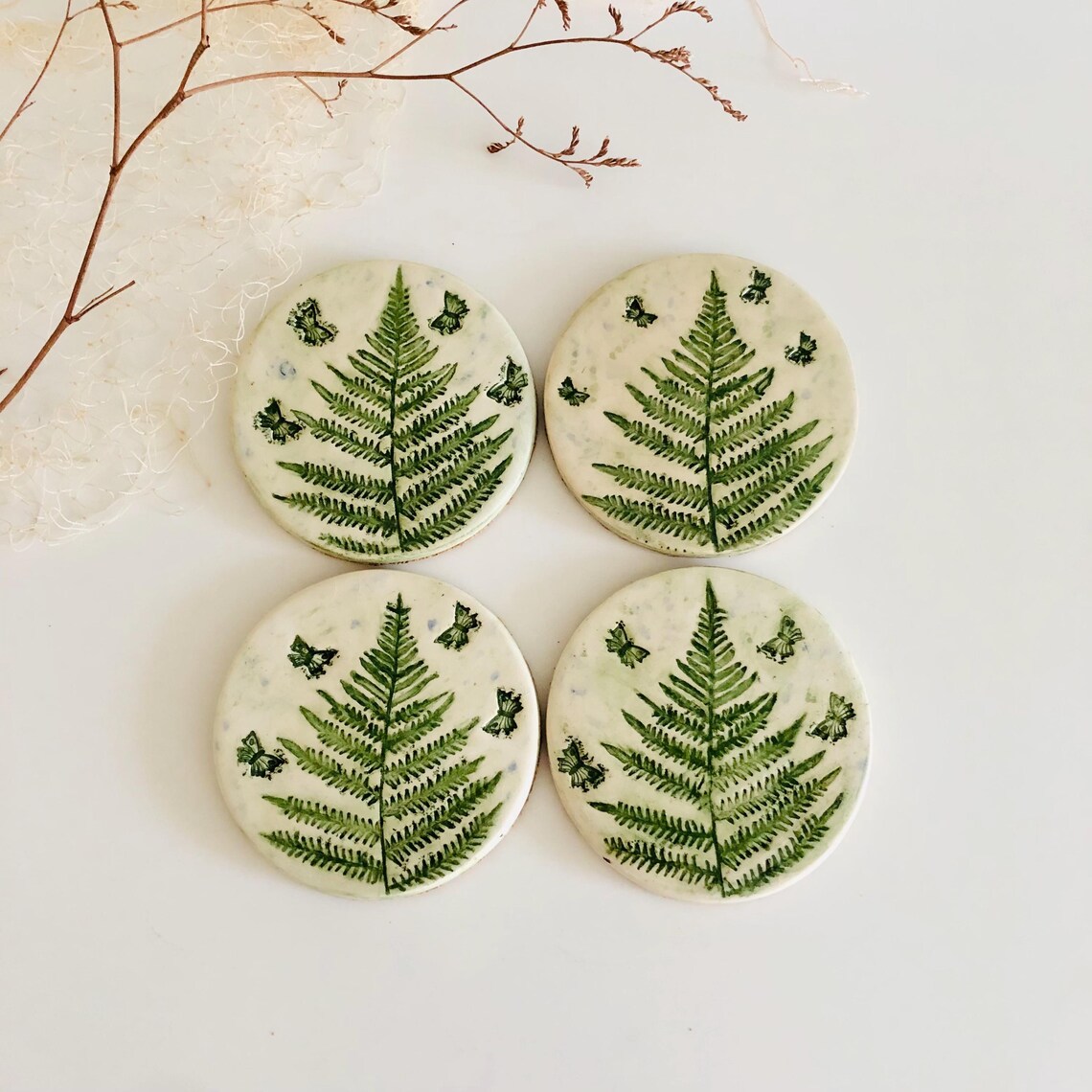 Handmade Ceramic Fern Coasters, Botanical Decor, Set of 4 - Etsy
