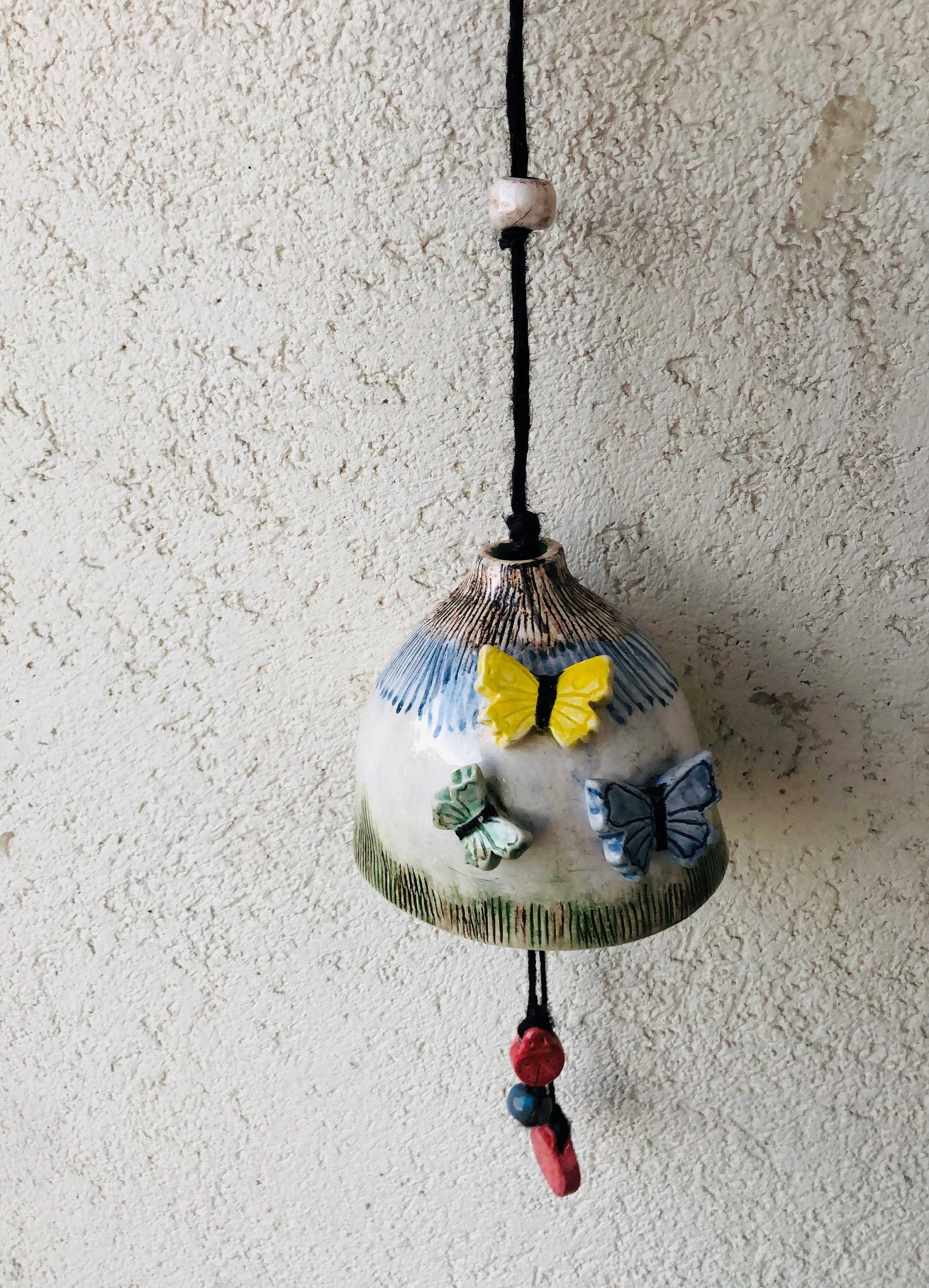 Ceramic Bell With Butterfly and Ladybug, Rustic Windchime Bell, Garden ...