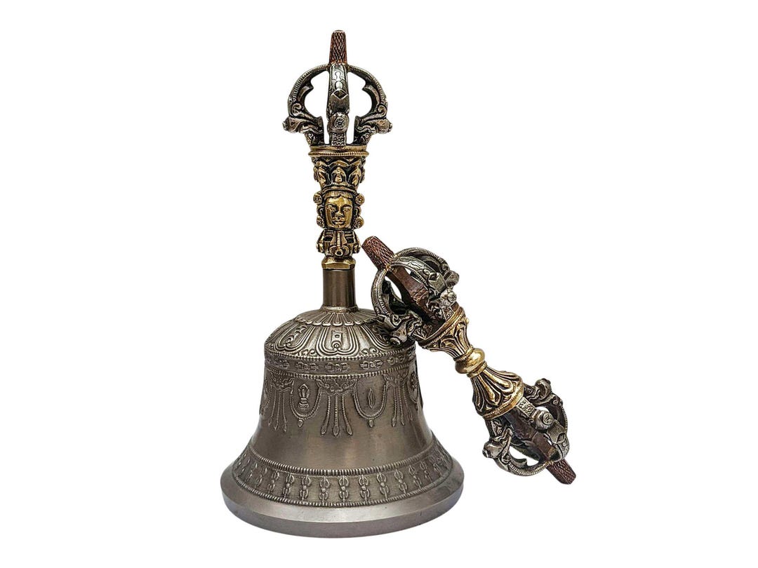 8-inch Bell and Dorje, Pure Bronze Bell and Dorje Vajra, Silver Plated ...
