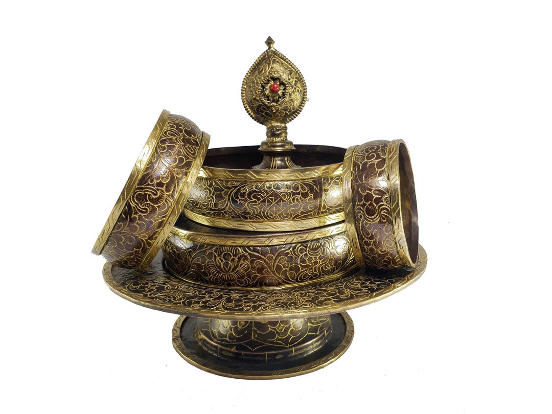 8-inch Large Copper Ratna Mandala Offering With Carving and Antique ...