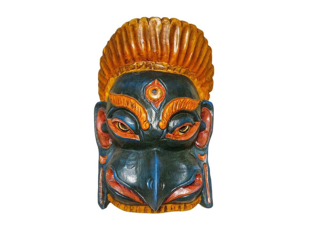 9-inch Garuda, Handmade Wooden Mask, Wall Hanging, Thangka Color ...