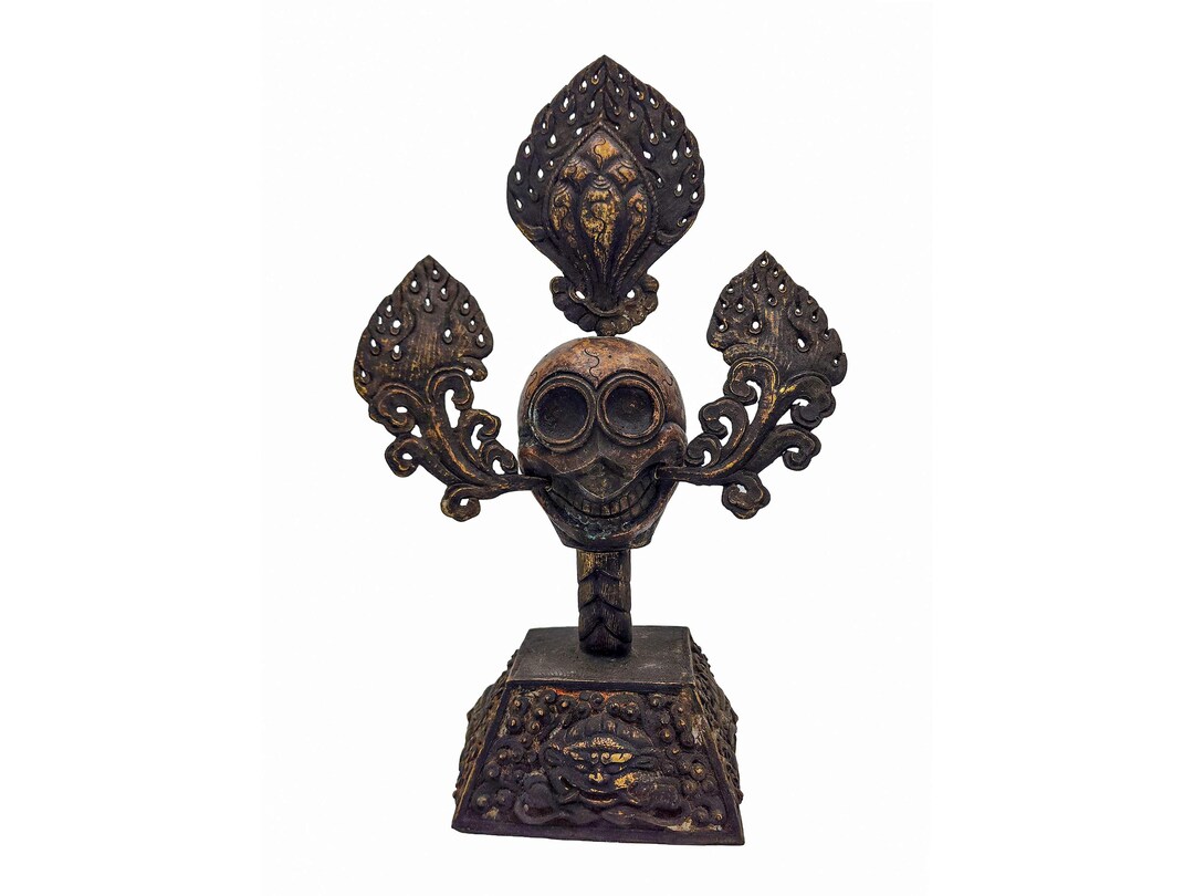 11-inch Buddhist Handmade Statue of Citipati Head, Antique, Chocolate ...