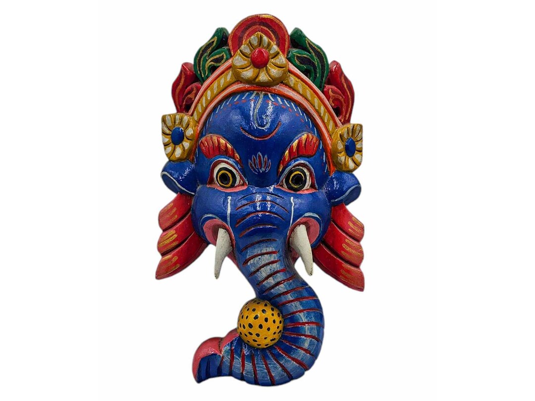 10-inch Ganesh, Handmade Wooden Mask, Wall Hanging, Painted, Poplar ...