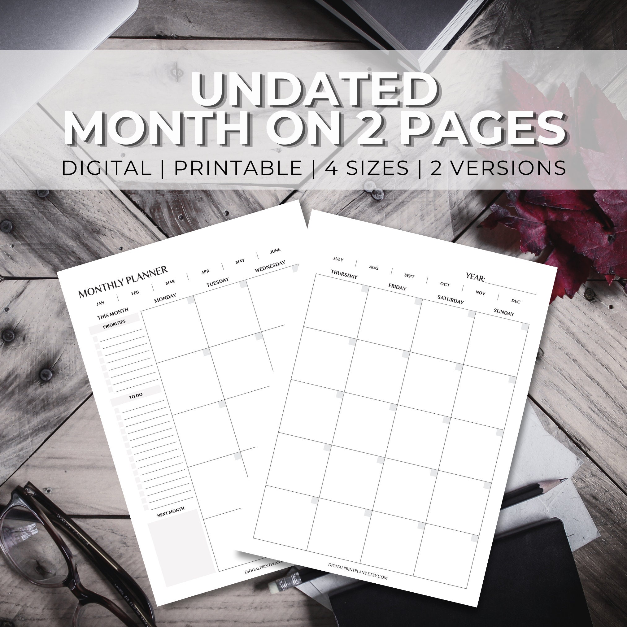 Undated Monthly Planner Printable | Month on 2 Pages | Month at a ...
