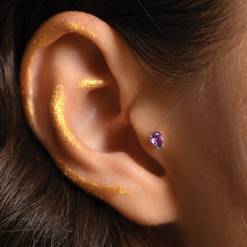 Eva 14K Gold Stud Screw Back Ear Piercing With Real Amethyst - Etsy