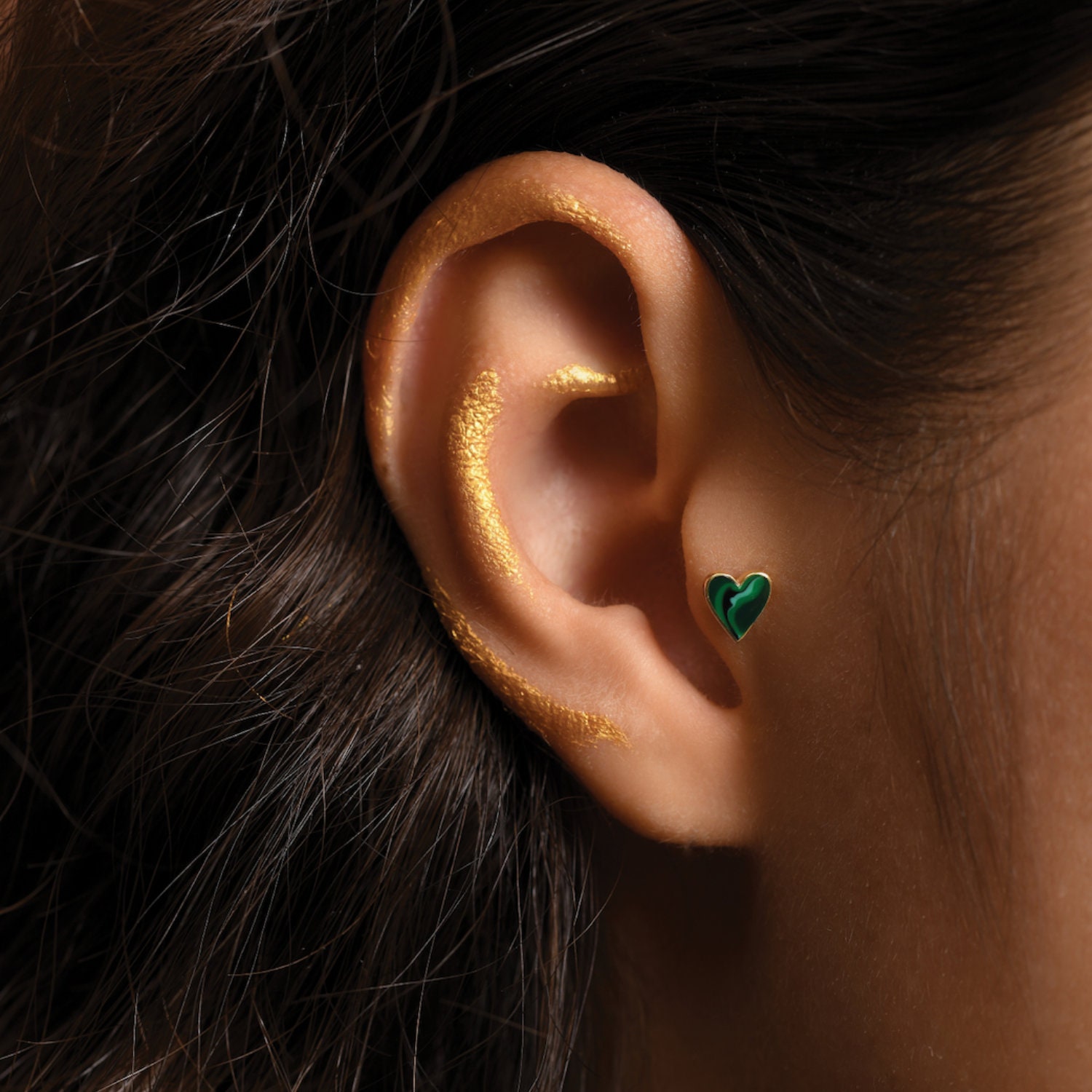 Heart 14K Gold Stud Screw Back Ear Piercing With Malachite Enamel - Etsy