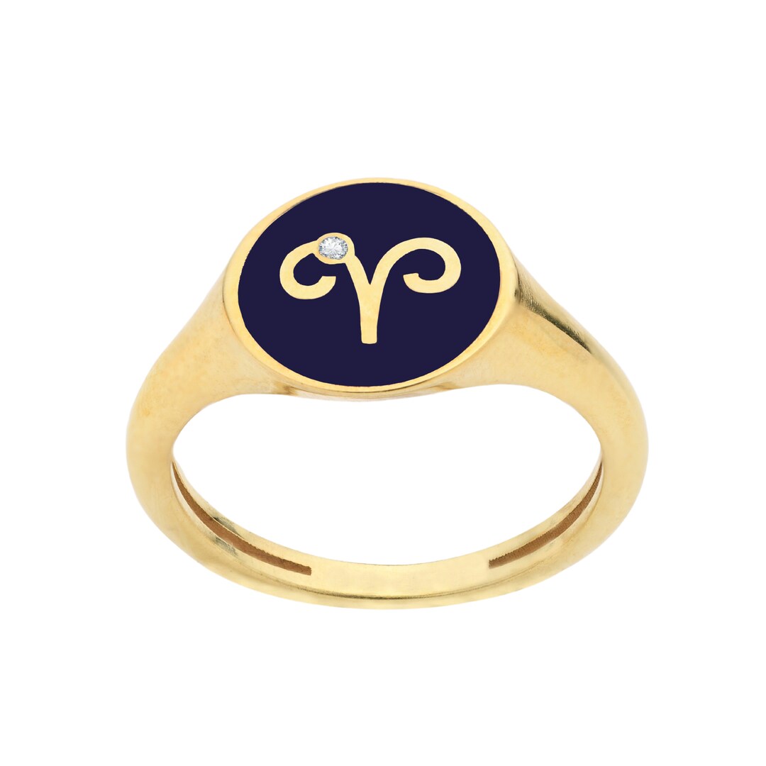 Zodiac Aries Horoscope 14K Gold Signet Pinky Ring With Real - Etsy