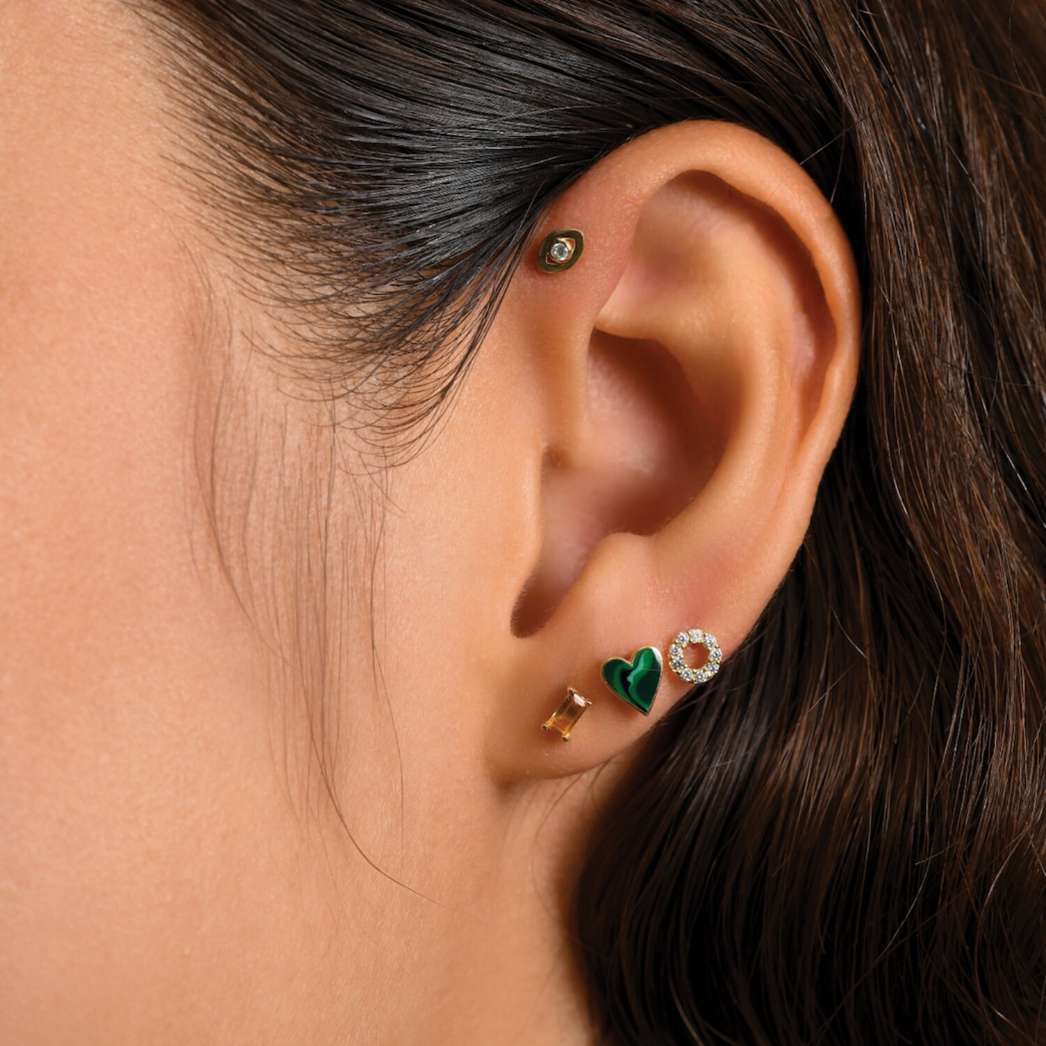 Heart 14K Gold Stud Screw Back Ear Piercing With Malachite Enamel - Etsy