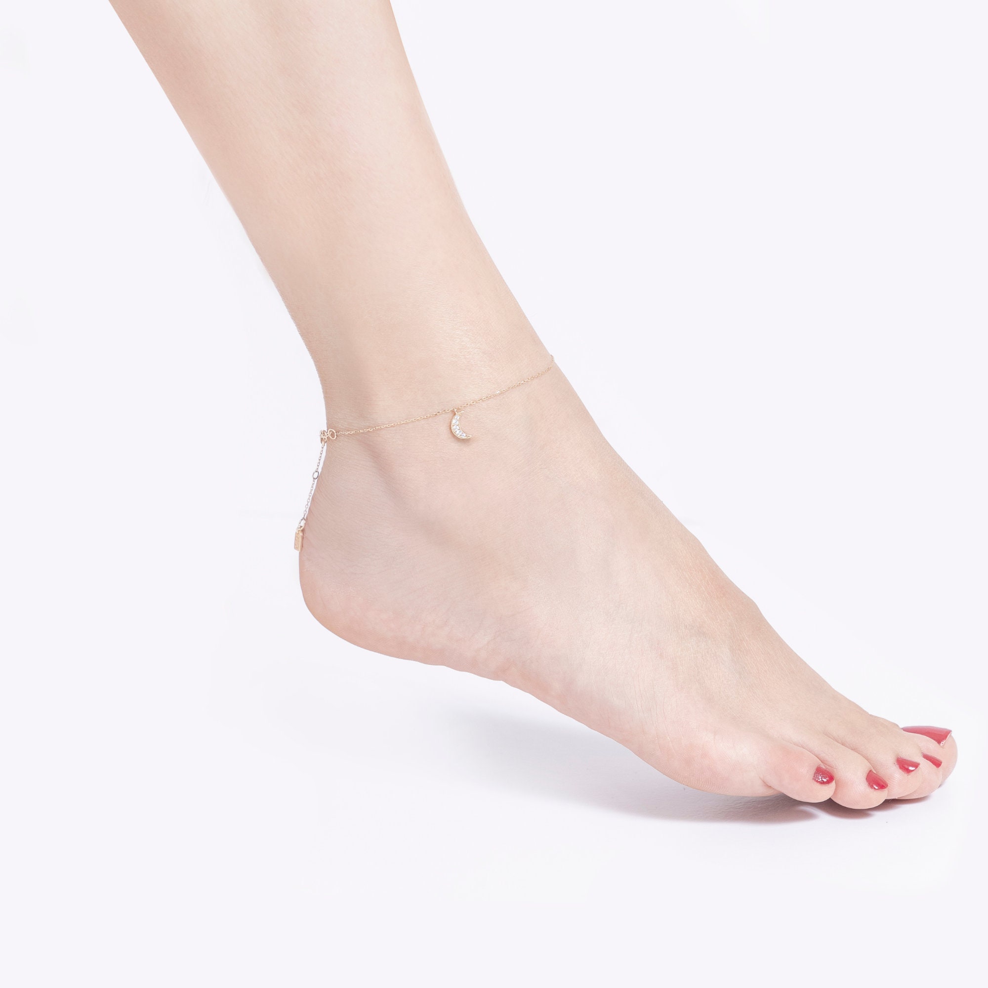Luna 14K Gold Anklet With Real Diamonds 0.05 Ct G-VS, 925 Silver Gold ...