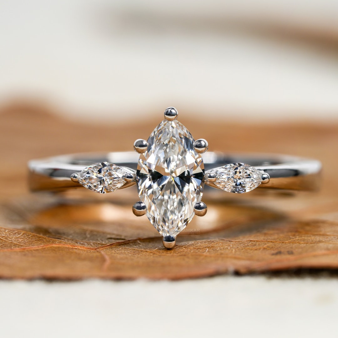 Marquise Cut Lab Grown Diamond Ring,0.50 CT E Vs1 Three Stone Engagement Ring,6 Prong Set Hand ...