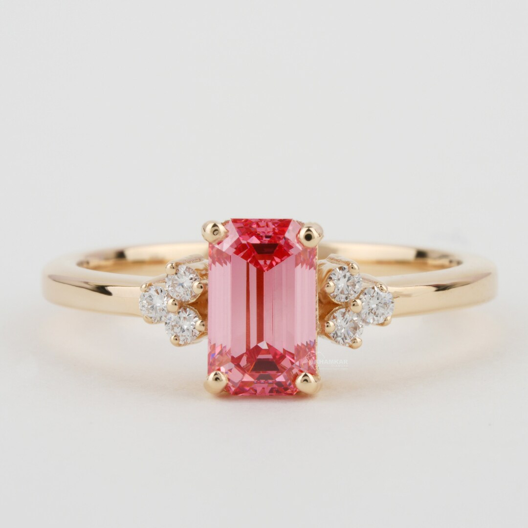 1.00 TCW Pink Colored Emerald Cut Lab Grown Diamond Promise Ring ...