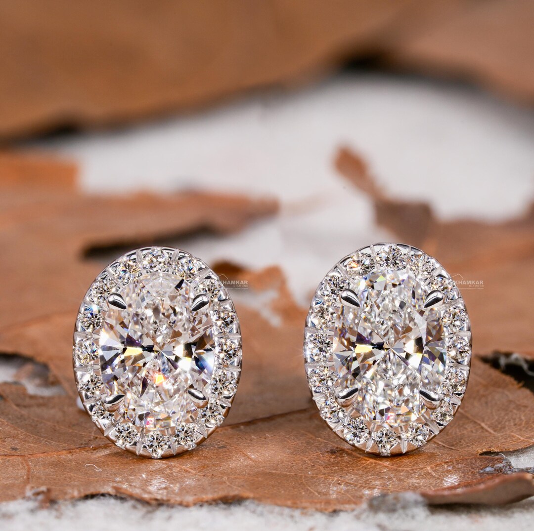 Oval Cut Lab Grown Diamond Stud Earrings,0.50ct to 1.00CT Halo Earrings ...