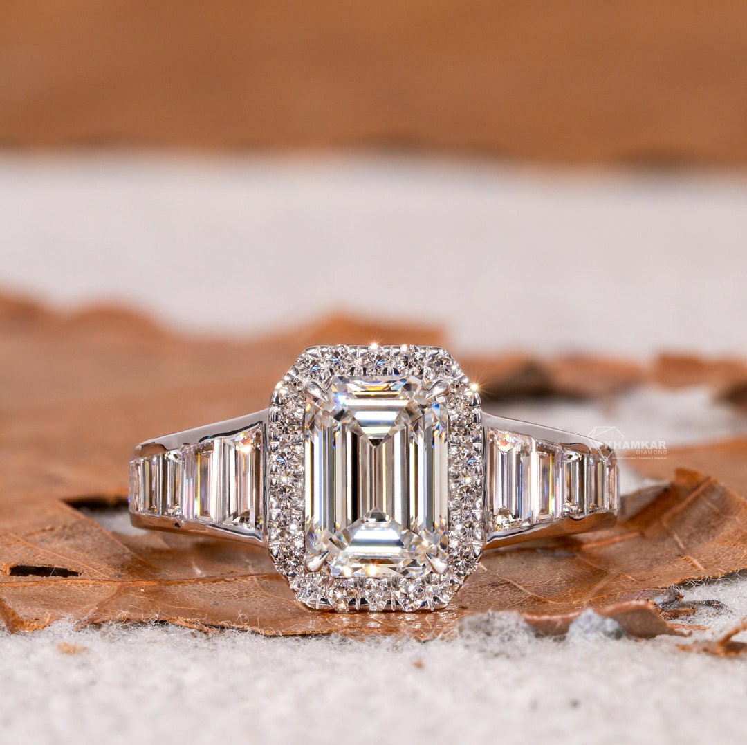 1.50CT Emerald Cut Lab Grown Diamond Halo Ring,trapezoid Side Stones ...
