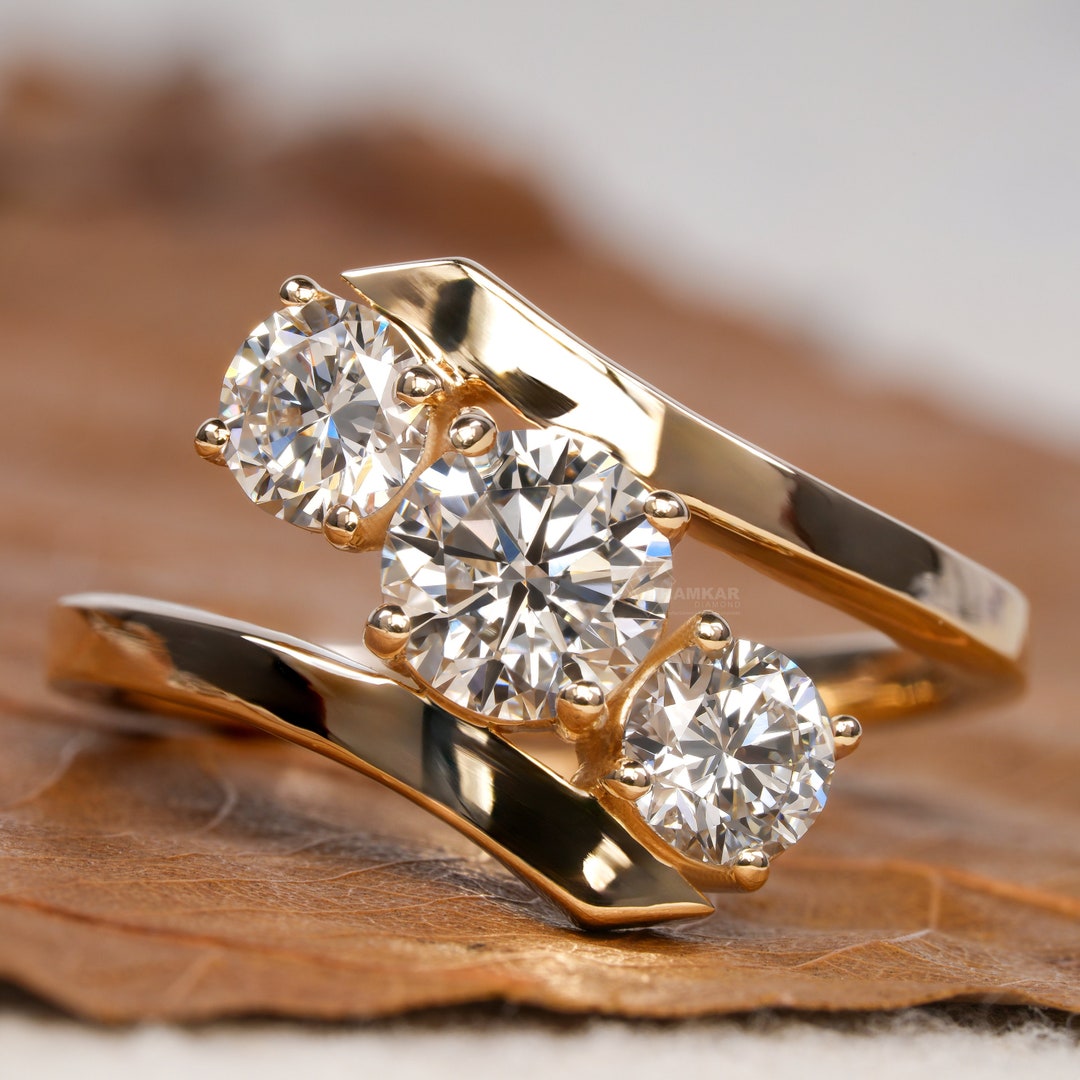 Unique Bypass Style Three Stone Wedding Ring,1.40ct Round Cut Lab ...