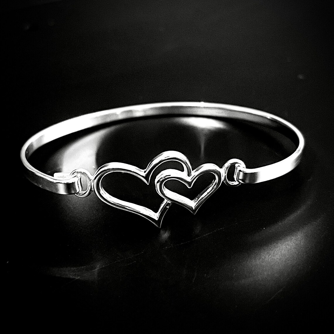 DOUBLE HEART Cuff Bracelet-double Heart Bangle Bracelet-solid 925 ...
