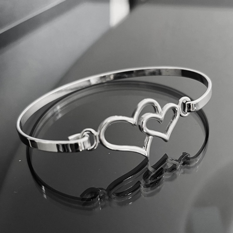DOUBLE HEART Cuff Bracelet-double Heart Bangle Bracelet-solid 925 ...