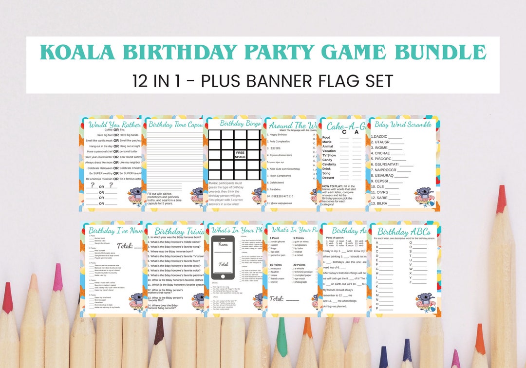12 Koala Birthday Game Bundle Printable Games PLUS Banner Flags – Game ...