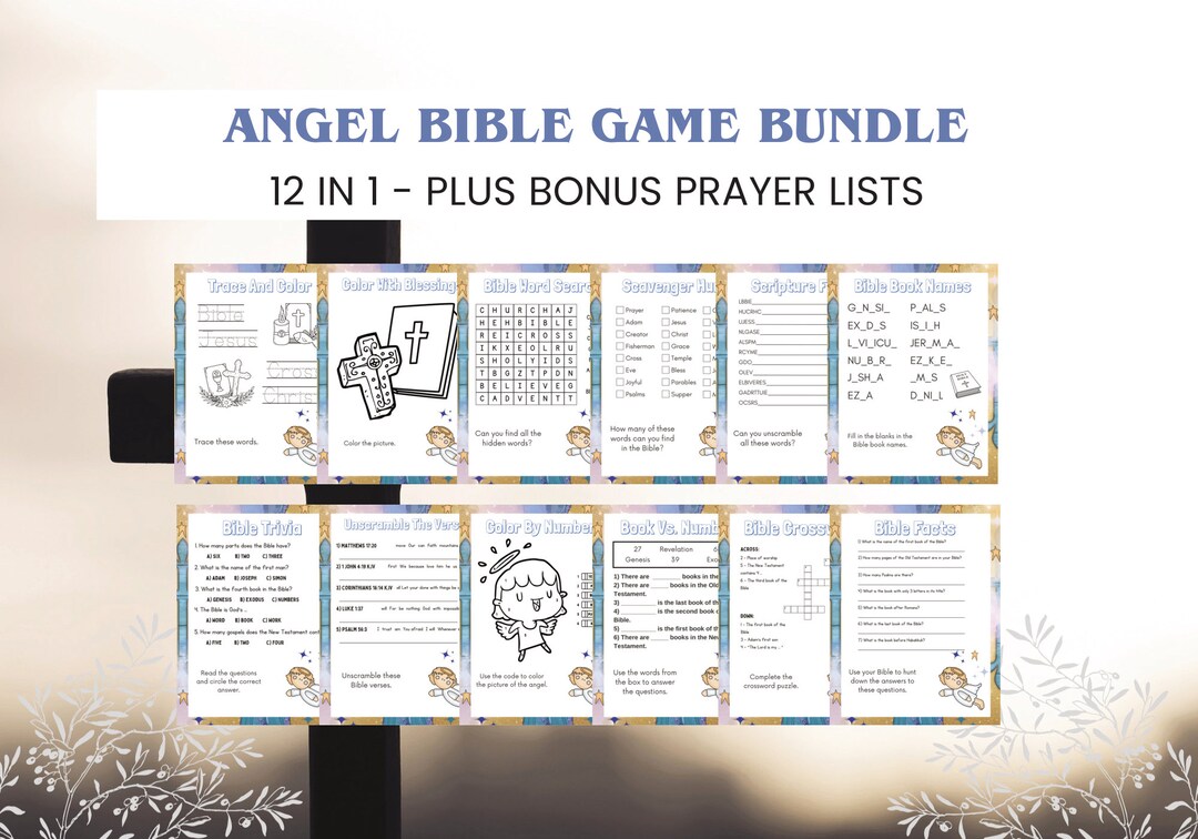 12 Angel Bible Game Bundle Printable Games PLUS Bonus Prayer Lists ...