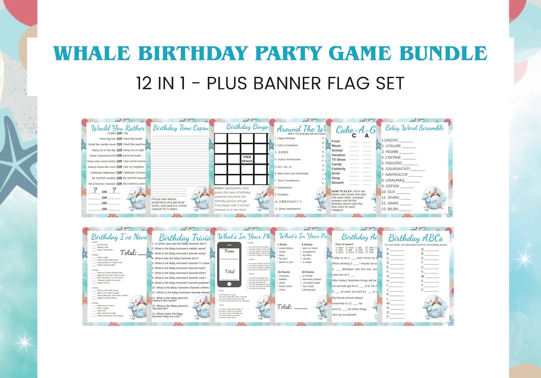 12 Whale Birthday Game Bundle Printable Games PLUS Banner Flags – Game ...