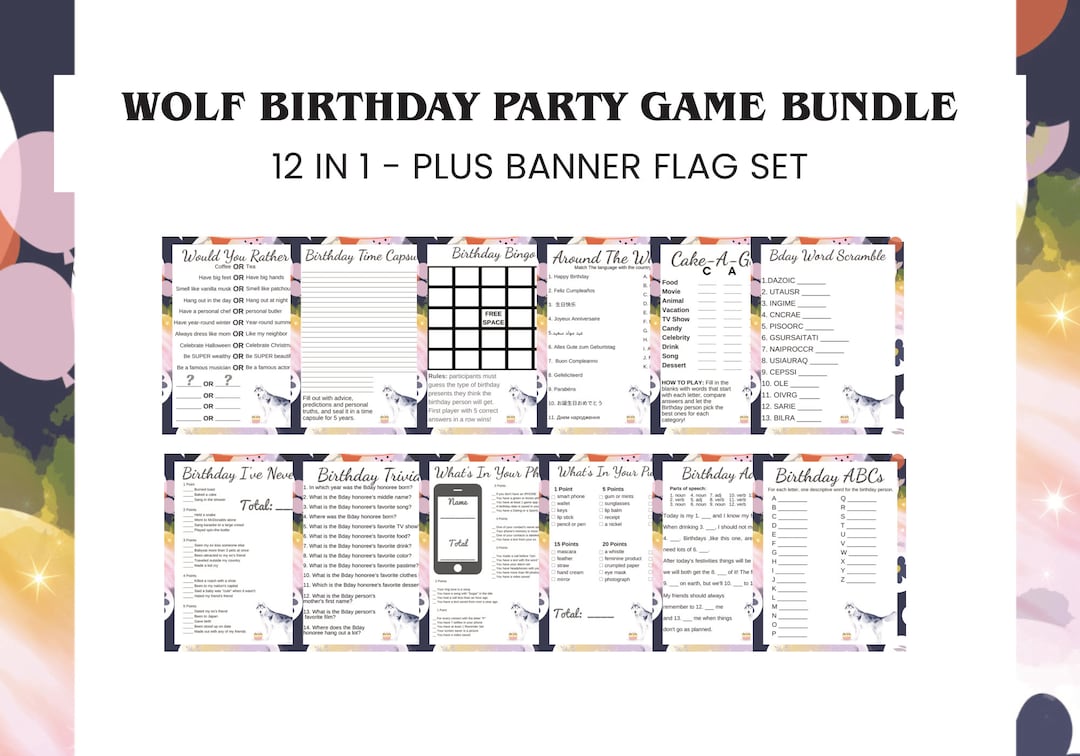 12 Wolf Birthday Game Bundle Printable Games PLUS Banner Flags – Game ...