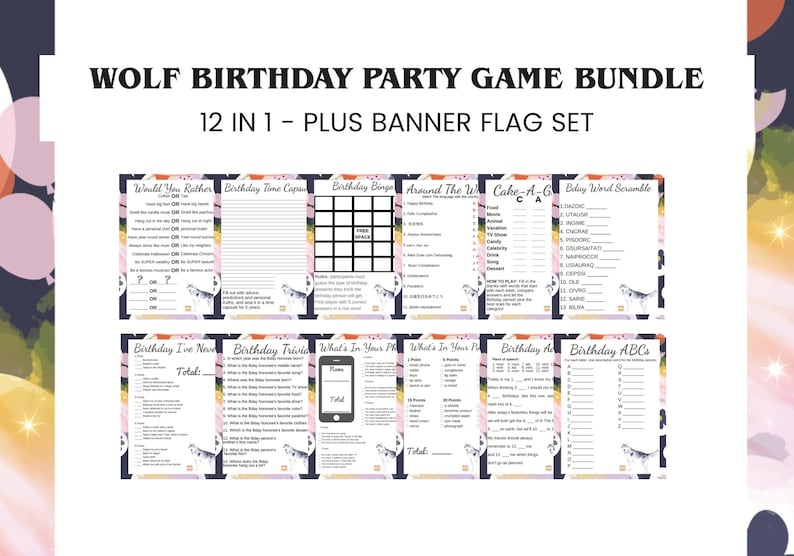 12 Wolf Birthday Game Bundle Printable Games PLUS Banner Flags – Game ...