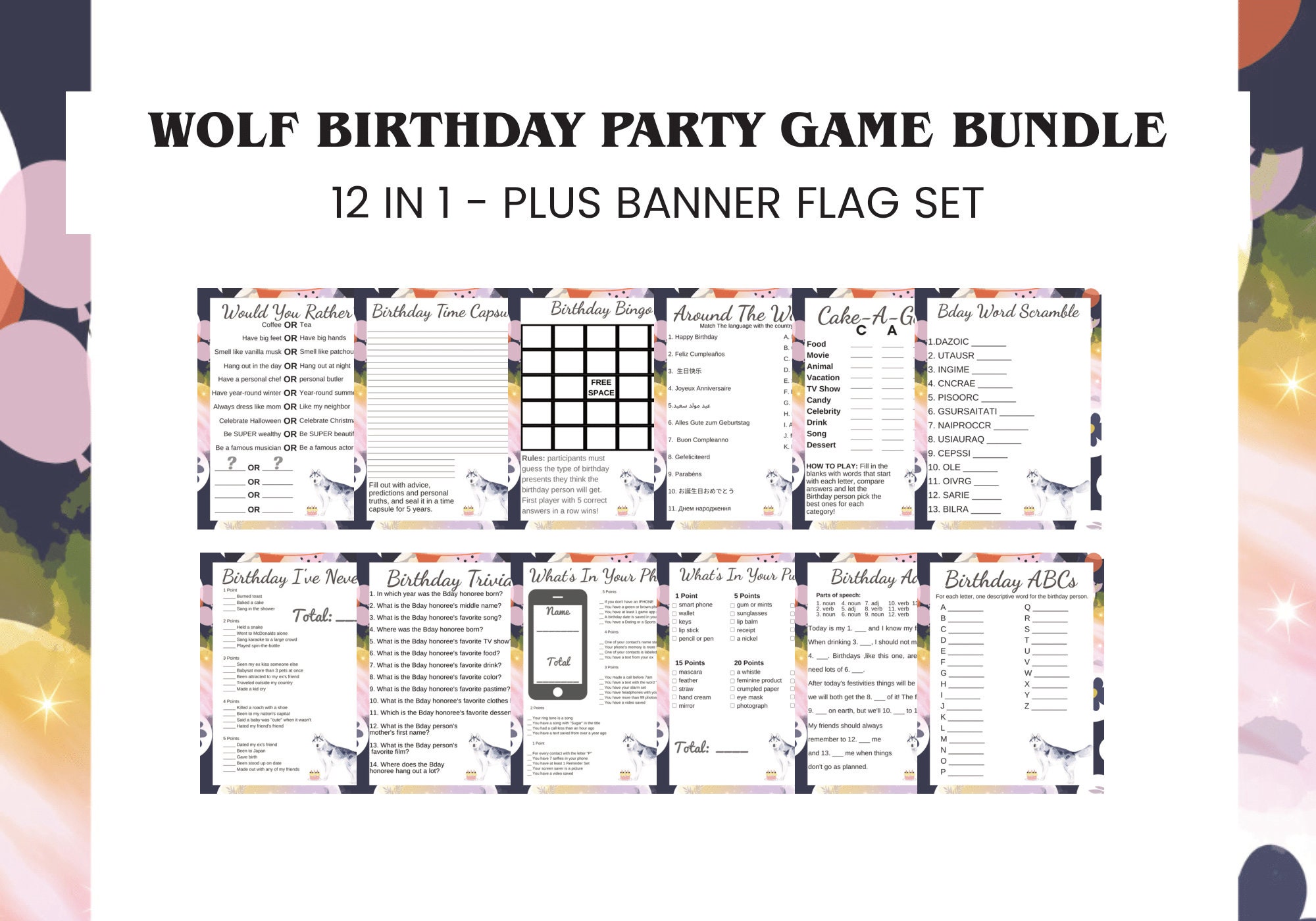 12 Wolf Birthday Game Bundle Printable Games PLUS Banner Flags – Game ...