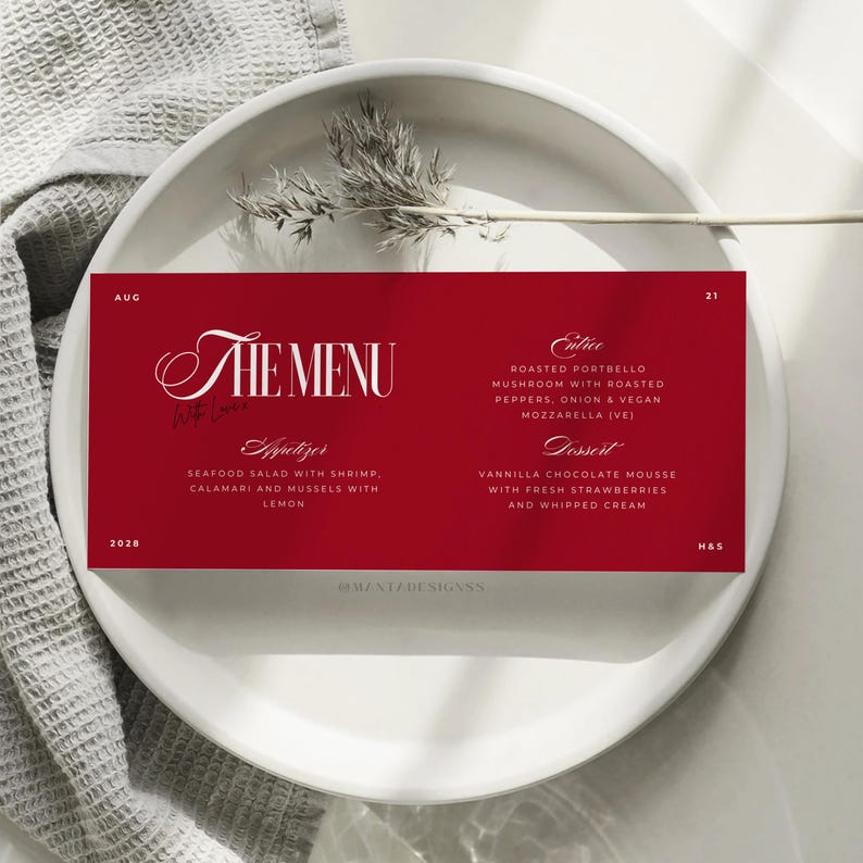 Canva Modern Red Wedding Menu Cards Horizontal Red Rose Menu Digital ...