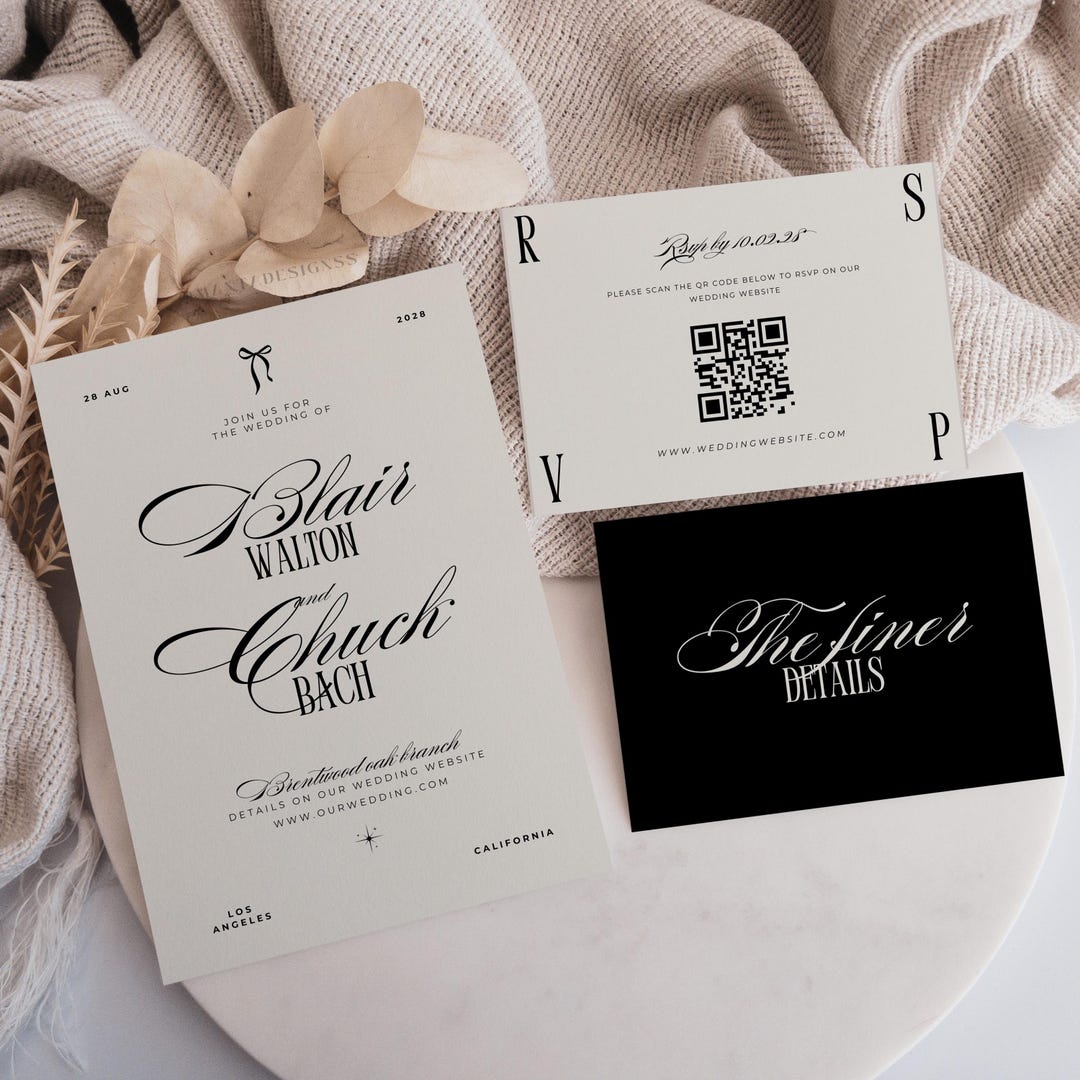 Canva Hand Drawn Bow Wedding Invitation Suite, Modern Bow Pattern ...