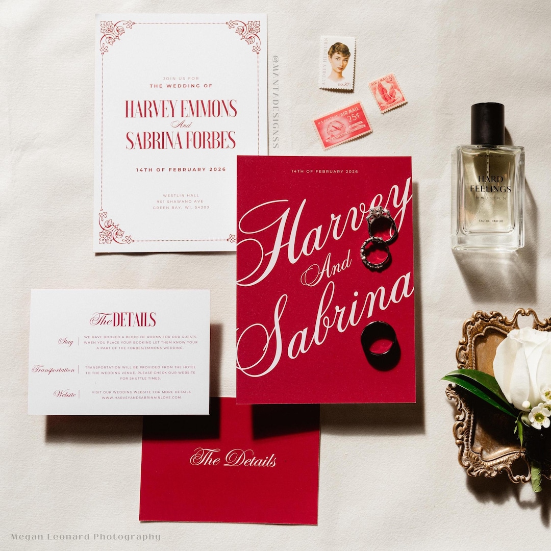 Modern Chic Wedding Invitation Suite: Red, Cream, and Gold (canva ...