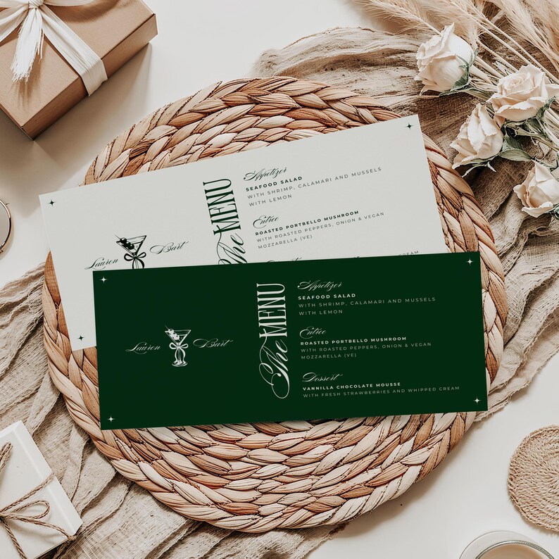 Dark Green Wedding Menu Template: Martini Illustration (digital ...