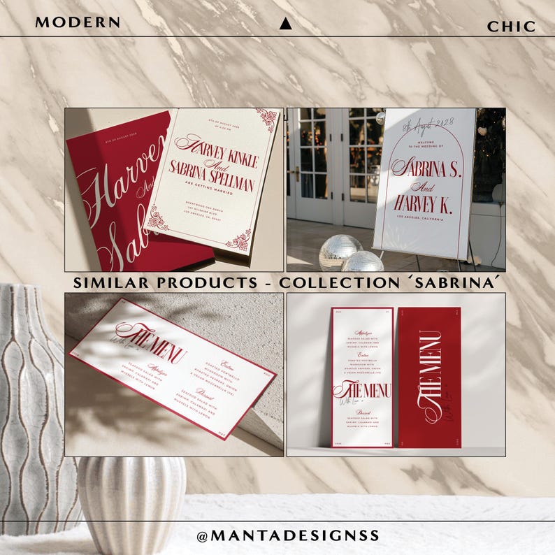 Modern Chic Wedding, Elegant Script Dinner Cards, Red N White Colourful ...