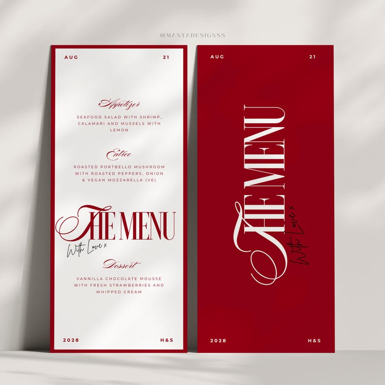 Canva Modern Chic Wedding, Elegant Script Dinner Cards, Red N White ...