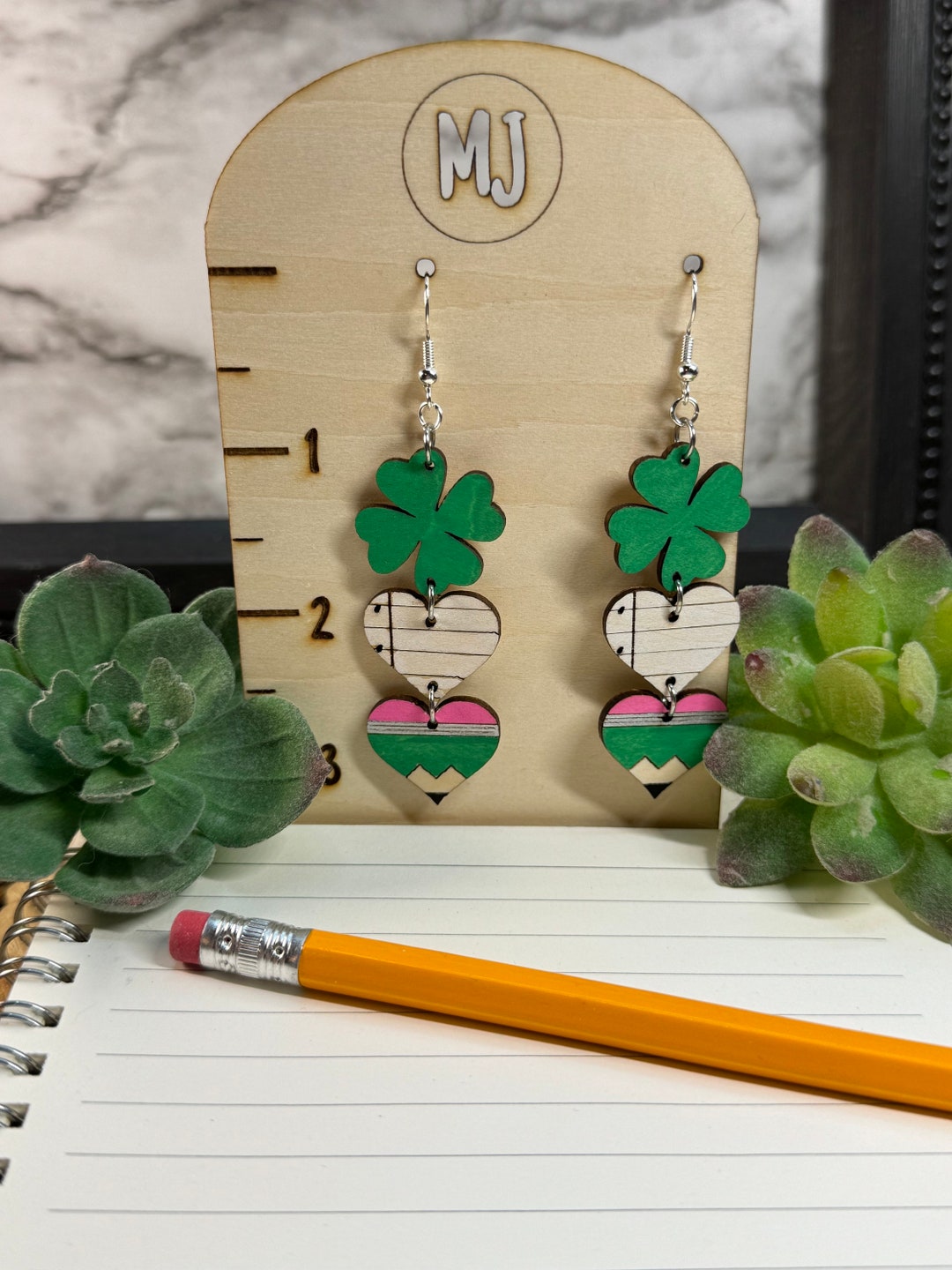 Lightweight Painted Wood Clover Notebook Pencil Teacher School Earrings ...