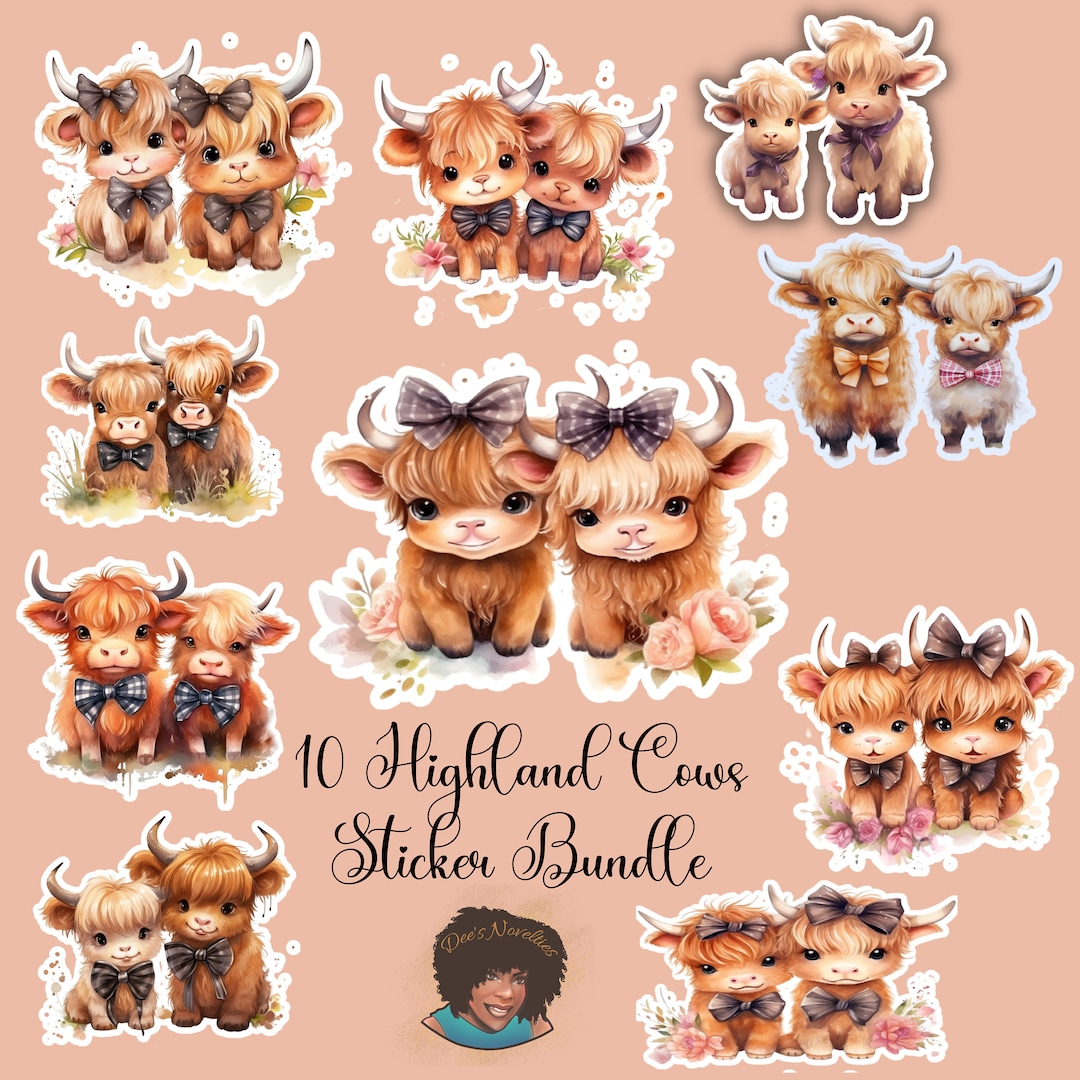 Highland Cow Stickers Bundle Cute Cow Art PNG Format Personal ...
