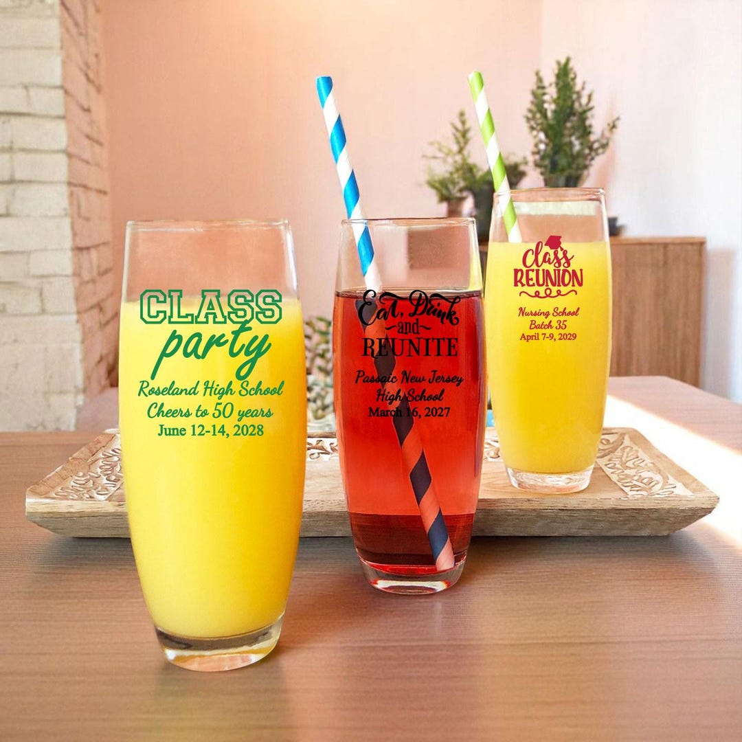 Class Reunion Printed Personalized Stemless Champagne Glass Favors ...