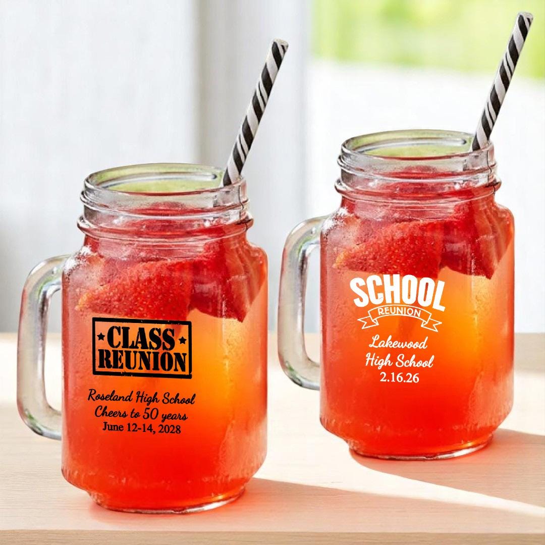 Class Reunion Printed Personalized Glass Mason Jar Mug Favors, Class ...