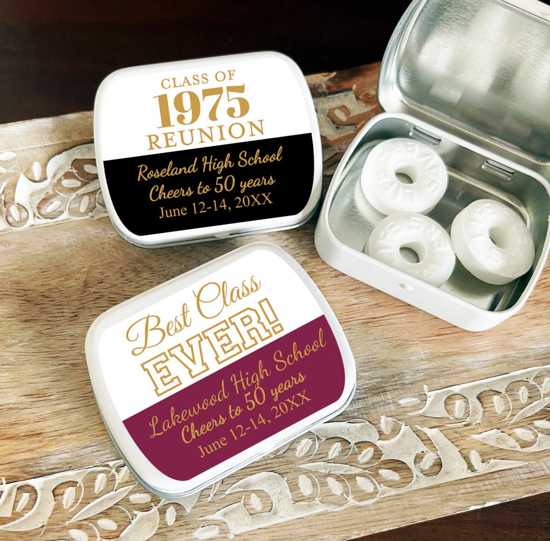 Printed Personalized White Mint Tin Empty Tin With Class Reunion Labels ...