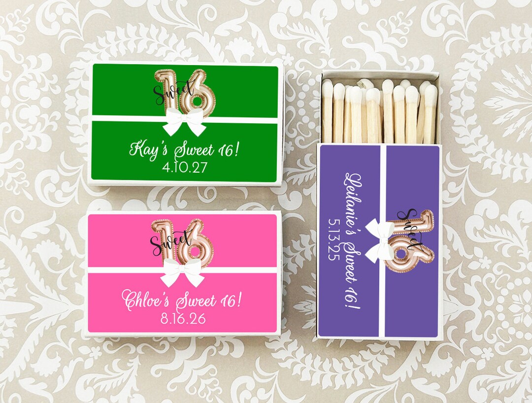Sweet 16 Bulk Matches, Sweet 16 Gold Balloon Personalized Matchboxes ...