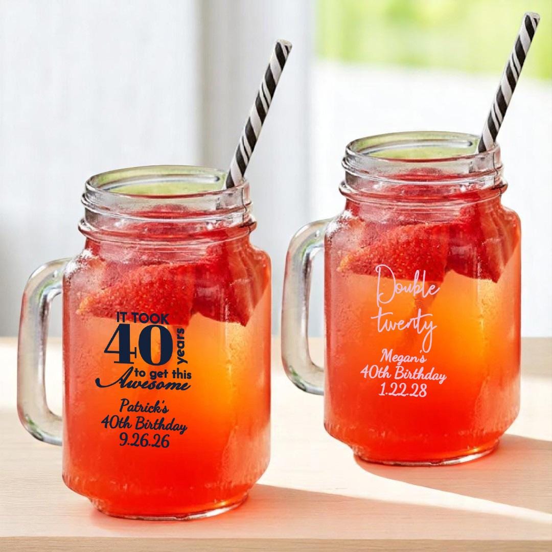 Printed Personalized 40th Birthday Glass Mason Jar Mug Favors, 40th ...
