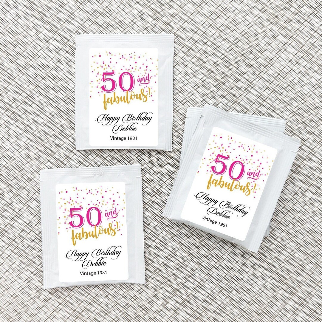 Printed Personalized Tea Bag With 50 and Fabulous Labels, White Pouch ...