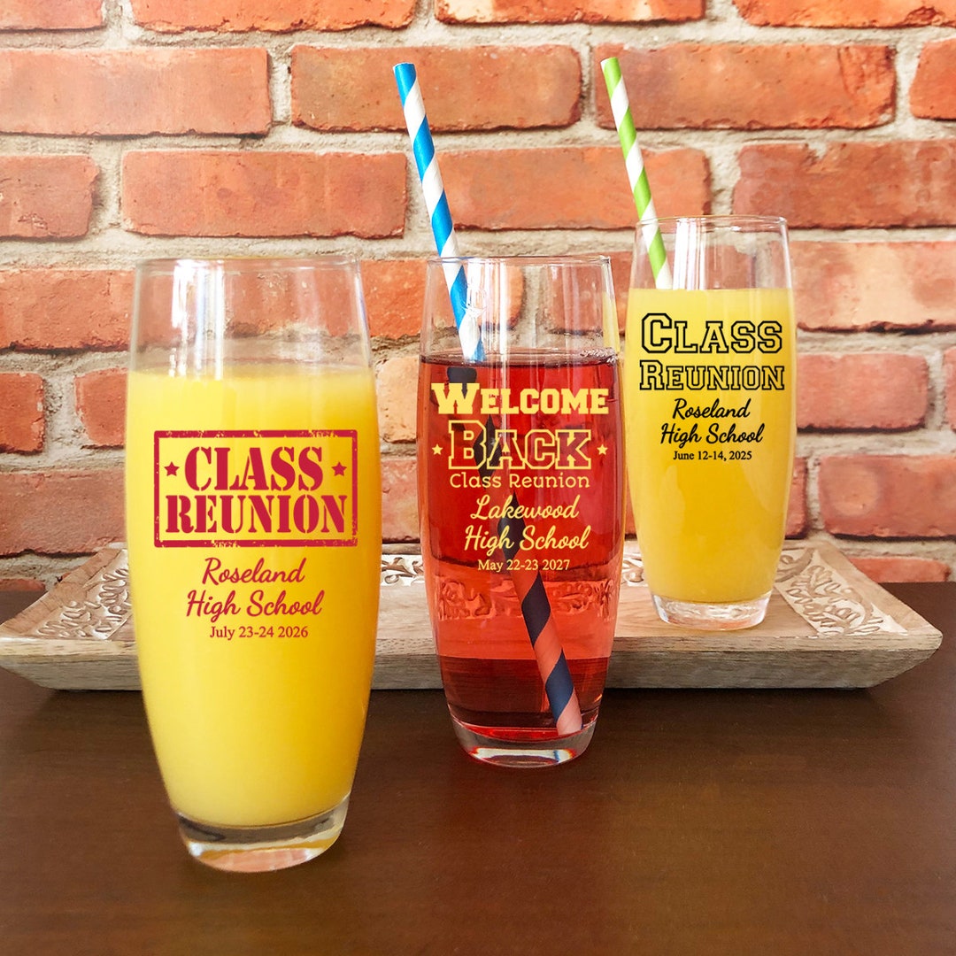 Class Reunion Printed Personalized Stemless Champagne Glass Favors ...