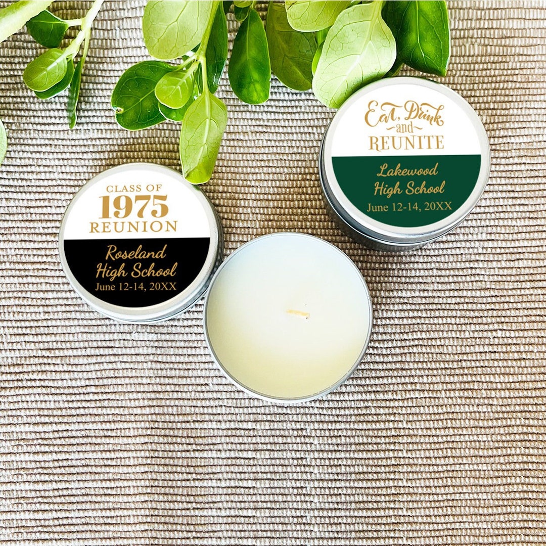 Printed Personalized Travel Candle Tins With Class Reunion Labels ...