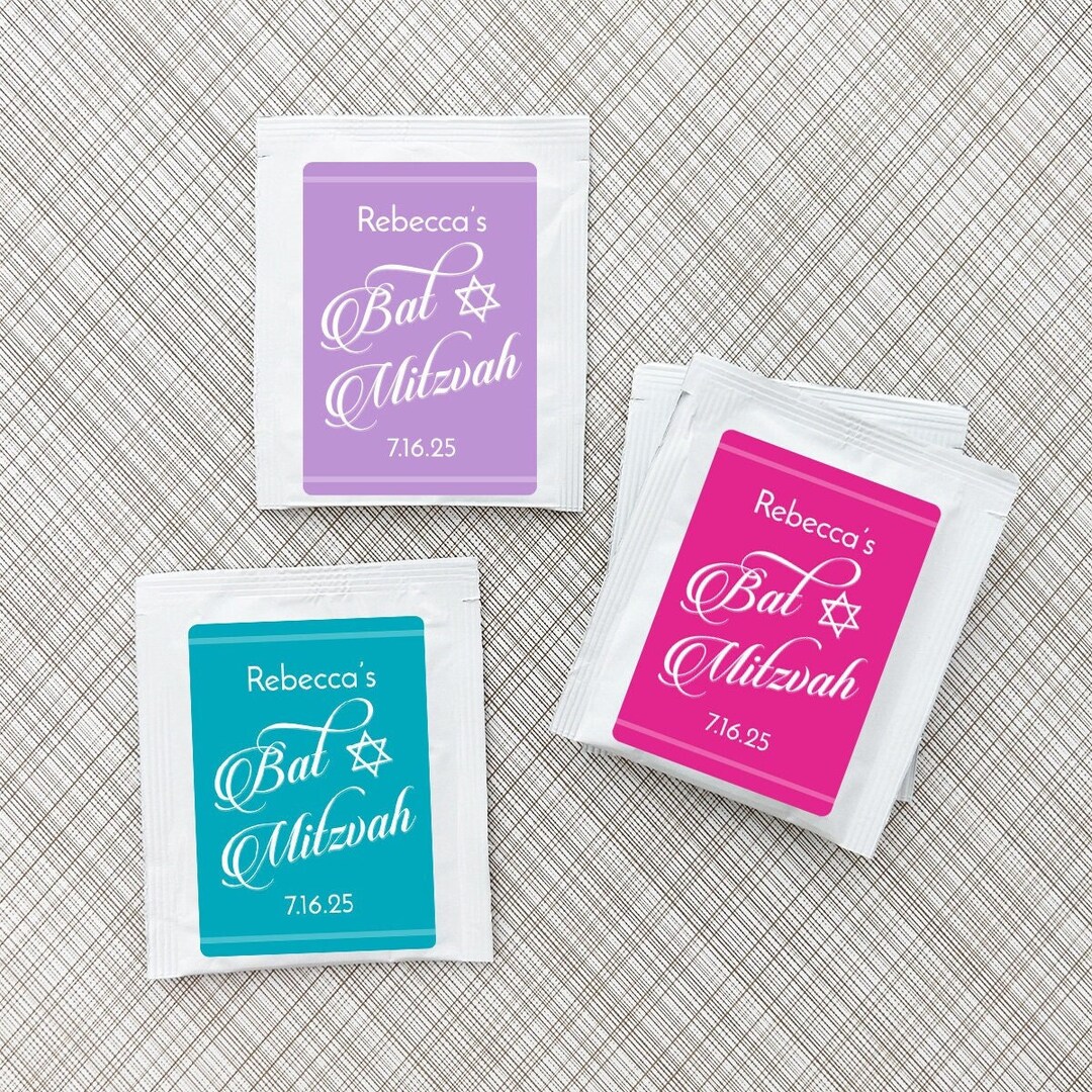 Printed Personalized Tea Bag With Bat Mitzvah Labels, White Pouch ...