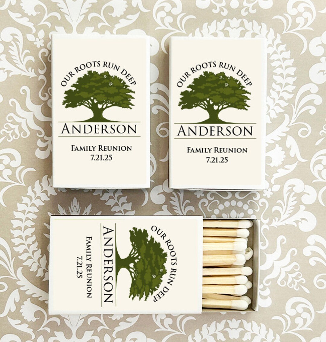 Family Reunion Bulk Matches, Our Roots Run Deep Personalized Matchboxes ...