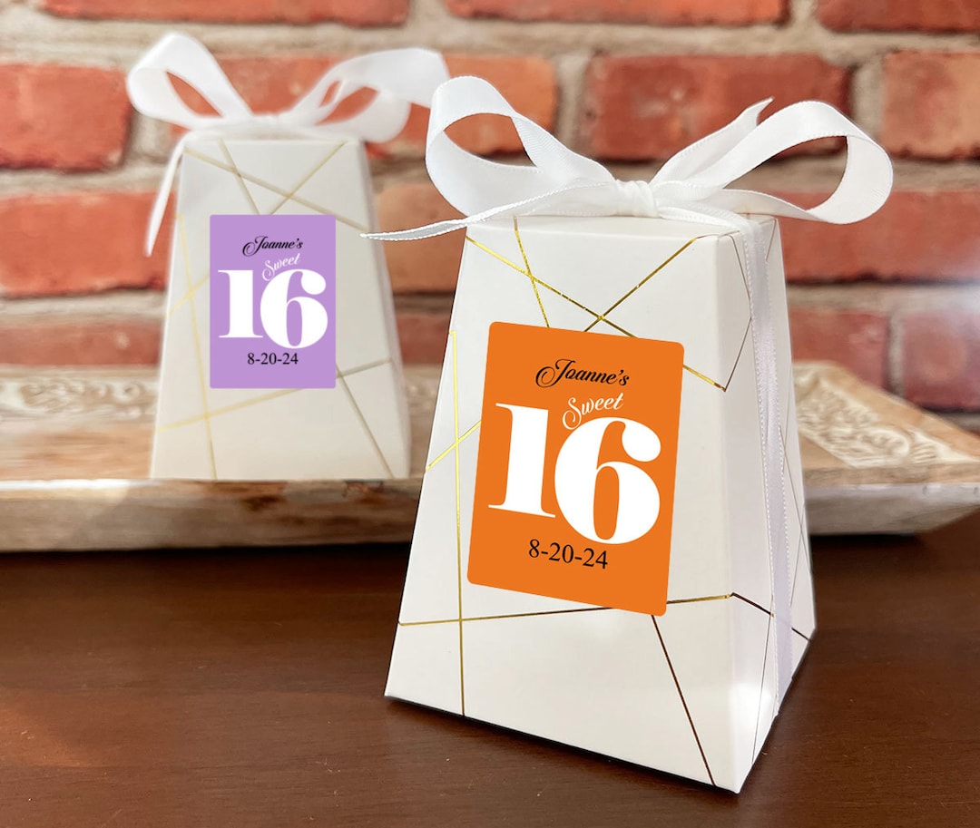 Printed Personalized Triangle Pedestal Shaped Box With Sweet 16 Labels ...