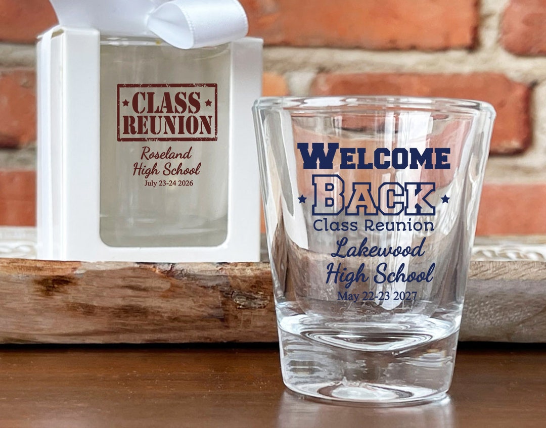 Class Reunion Printed Personalized Fluted Shaped Shot Glass Favors ...