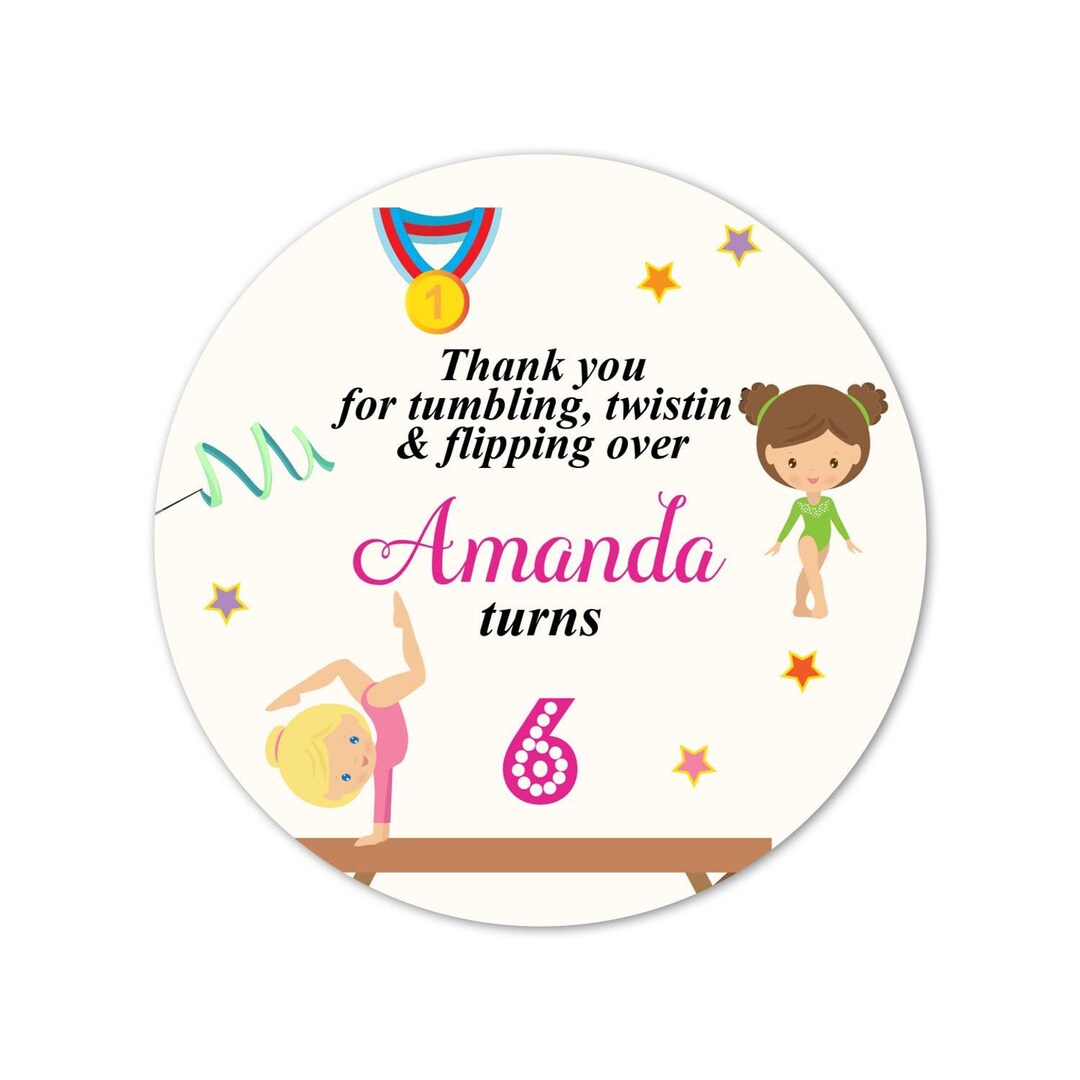 Printed Personalized Round Circular Labels With Gymnastics Birthday ...